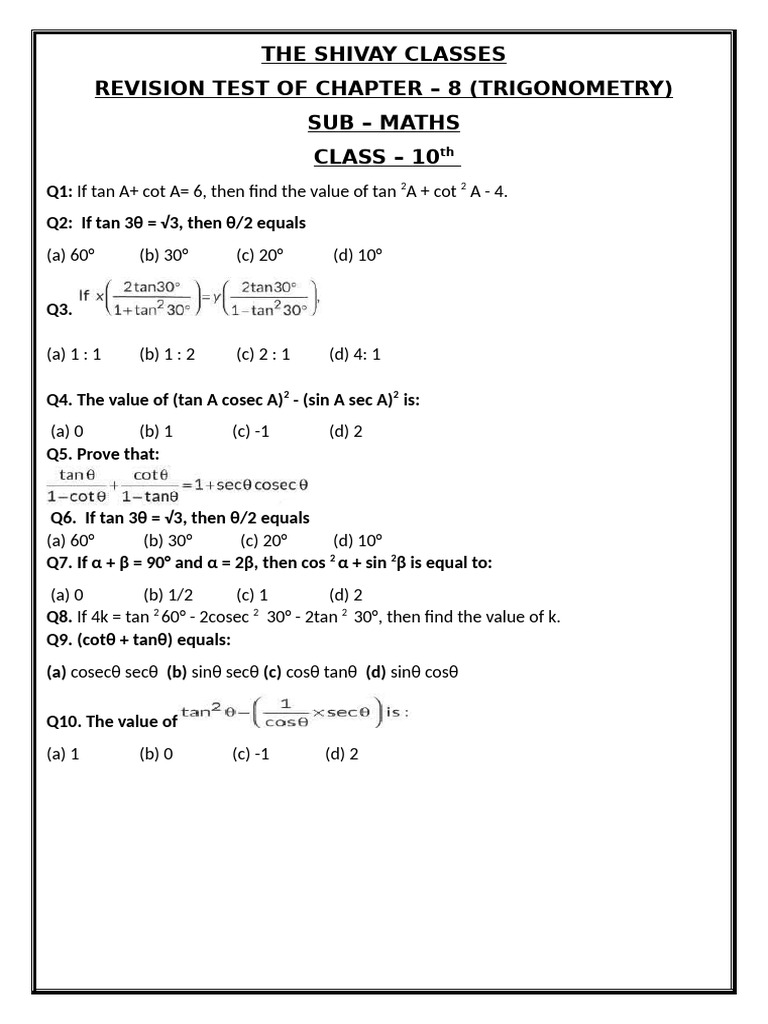 Trigonometry Revision Test for Class 10 | PDF