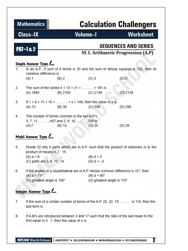Class IX A.P. Worksheet Solutions | PDF | Elementary Mathematics ...