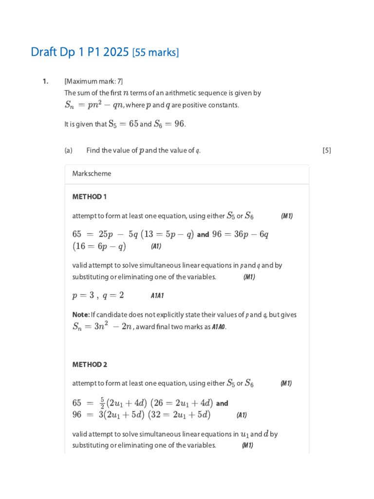 MS Draft DP 1 P1 2025 | PDF | Asymptote | System Of Linear Equations