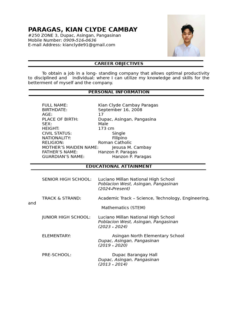 Resume For Work Immersion | PDF