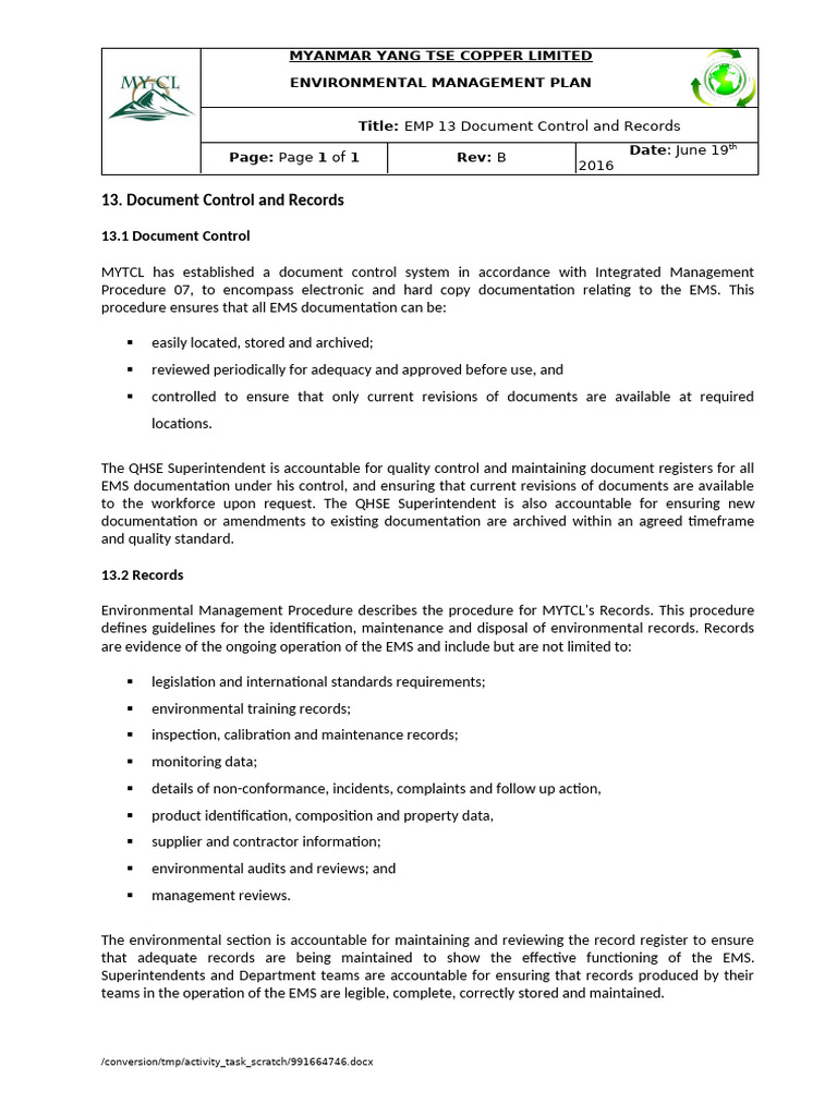 EMP 13 Document Control and Records - 2016 | PDF