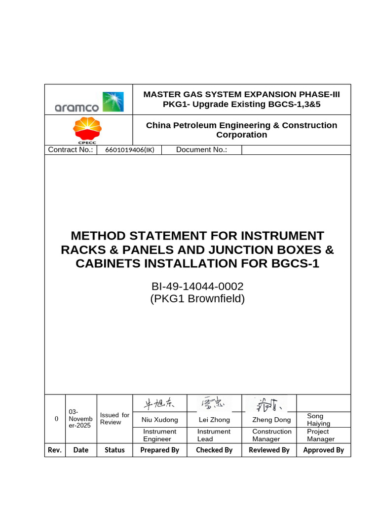 Method Statement for Instrument Racks & Panels and Junction Boxes & Cabinets Installation for ...