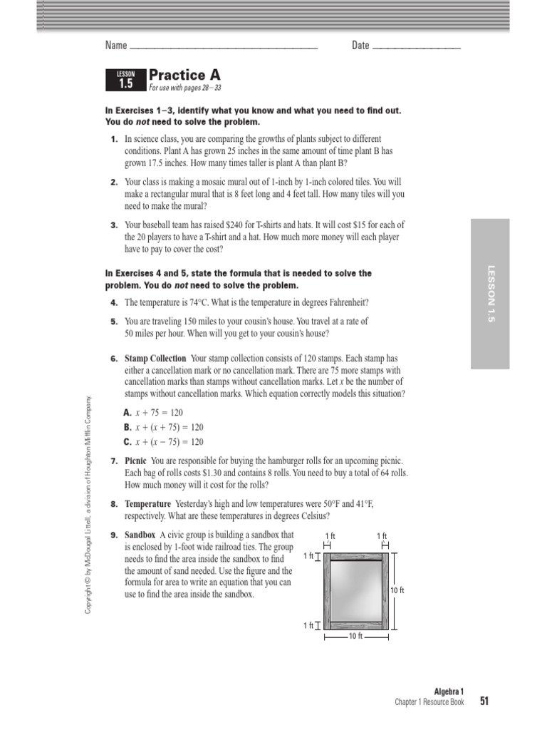 Algebra 1 Chapter 1 Resource Exercises | PDF