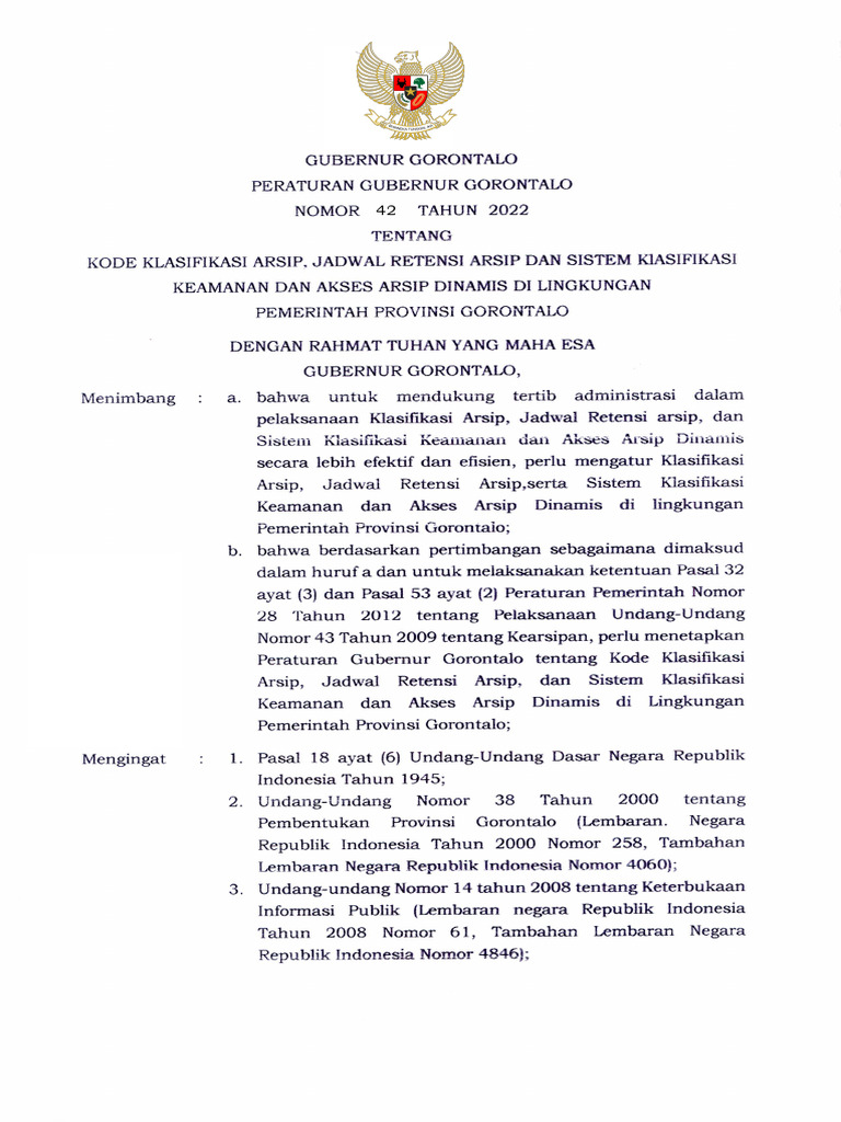 PERGUB NO. 42 TH 2022 Tentang Kode Klasifikasi Arsip, JRA Dan SKKAAD | PDF