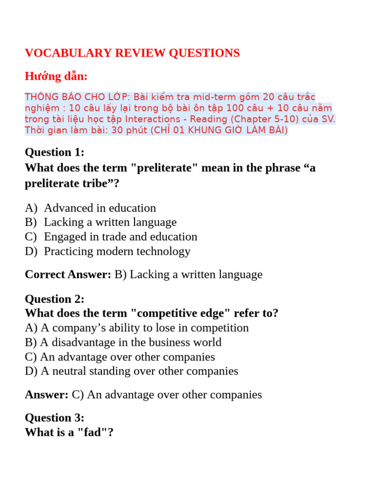 Vocabulary Review Questions for Mid-Term | PDF