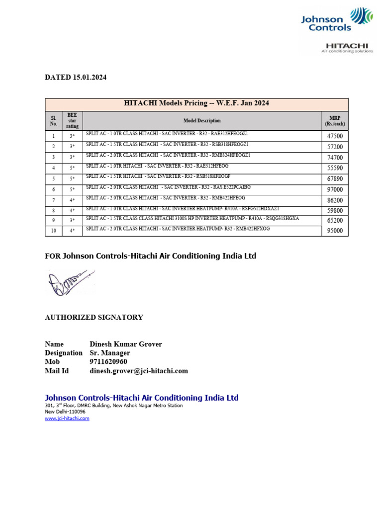 Hitachi PRice List 2024 | PDF