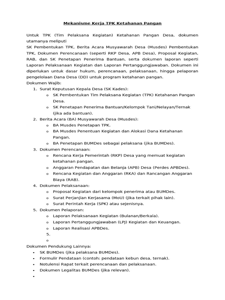 Mekanisme Kerja TPK Ketahanan Pangan | PDF
