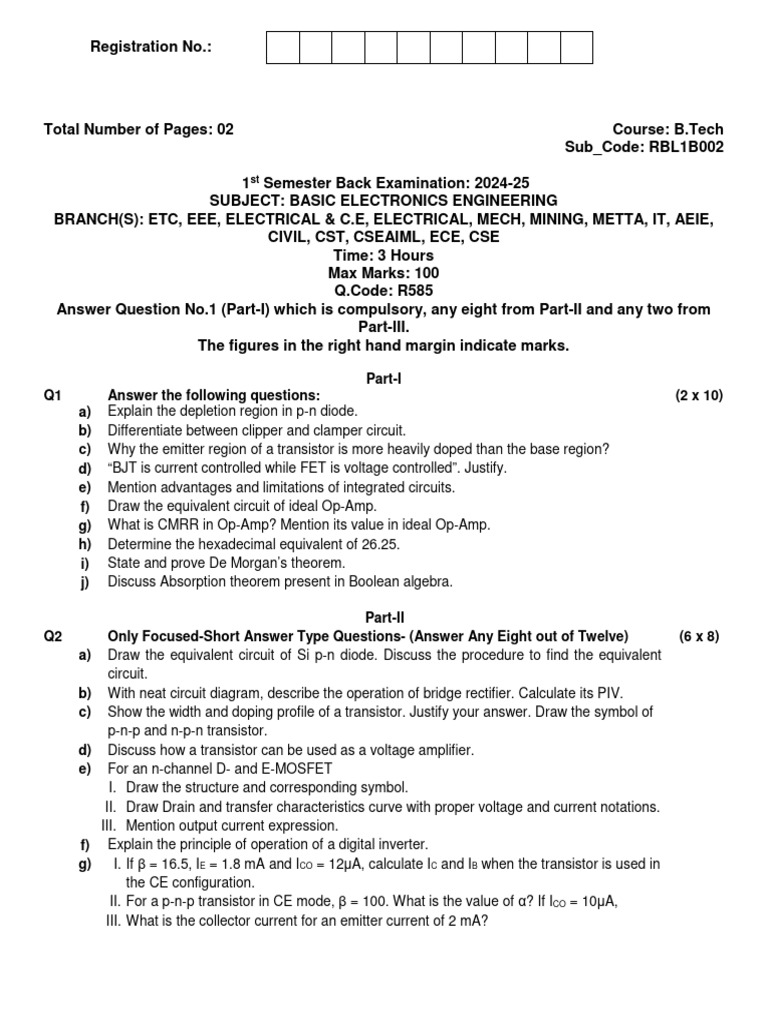 Basic Electronics Engineering 1st Sem Back_2024 2025 | PDF | Bipolar Junction Transistor ...