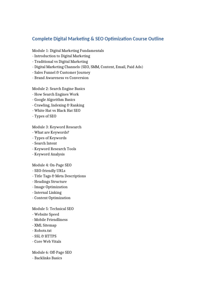 Digital Marketing SEO Course Outline | PDF