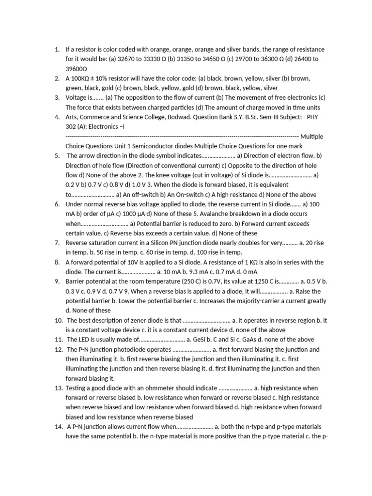 Multiple Choice Questions Electronic Components | PDF | Rectifier ...