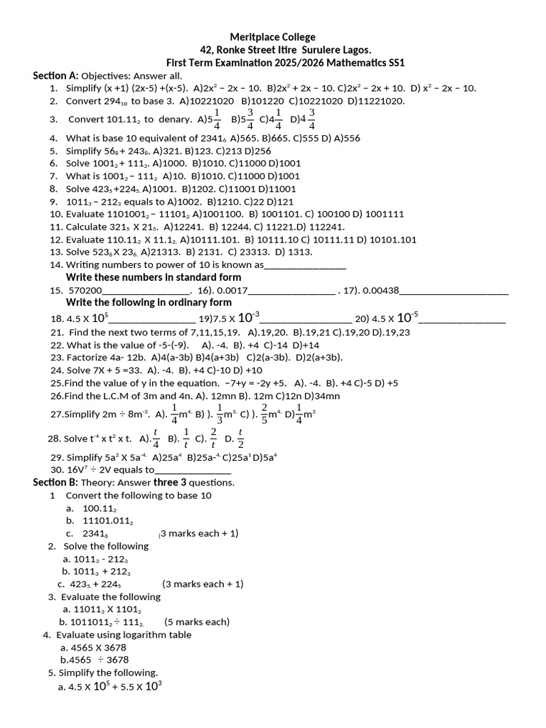 SS1 MATH FIRST TERM 2025_2026 | PDF | Mathematics | Chess