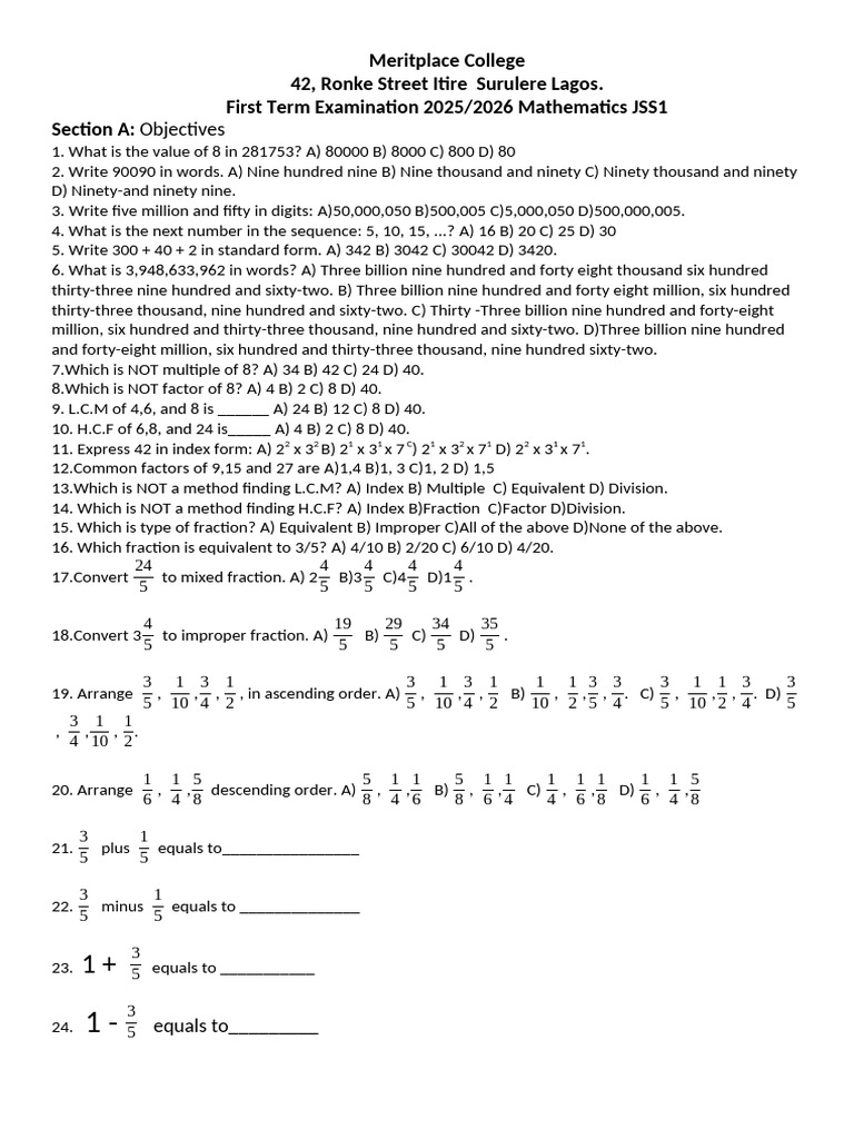 JSS1 Mathematics Exam 2025/2026 | PDF | Mathematics