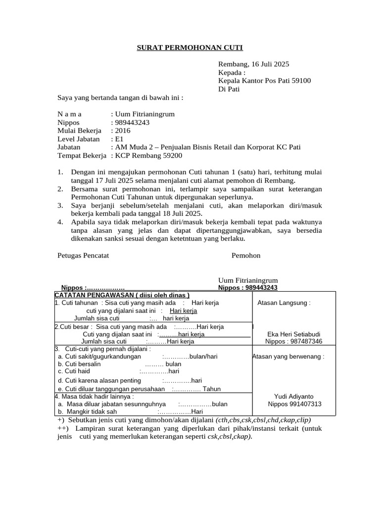 MASTER SURAT PERMOHONAN CUTI Libur Tahunan | PDF