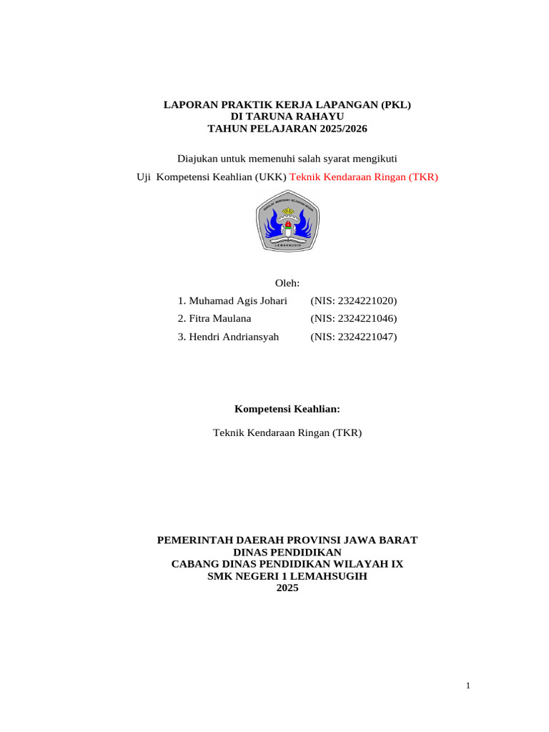 Layout Laporan PKL TKR-TSM Tahun 2025 - Nama Siswa | PDF