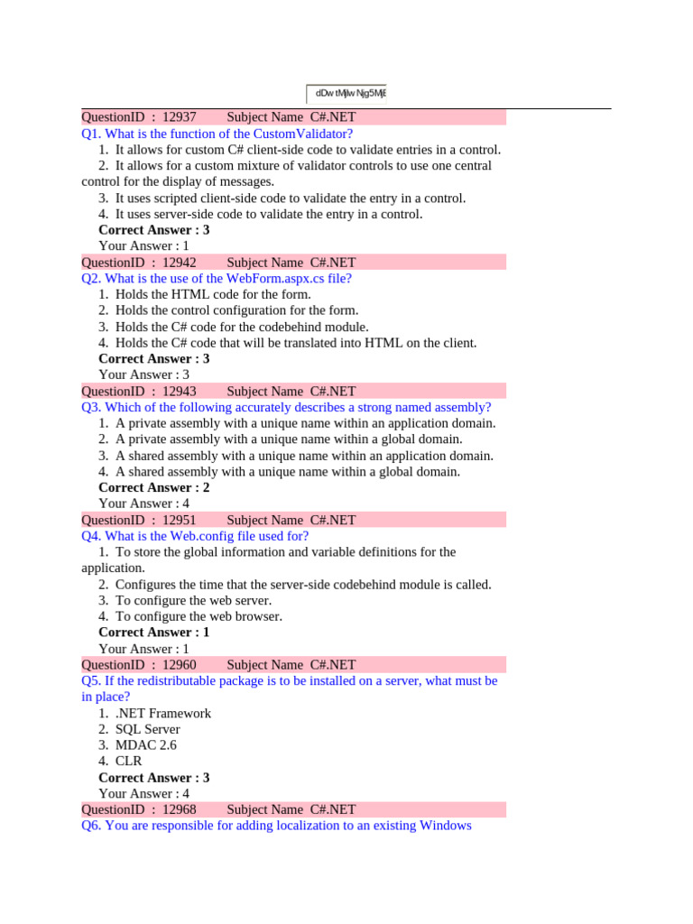 C#.NET Exam Questions and Answers | PDF | C Sharp (Programming Language ...