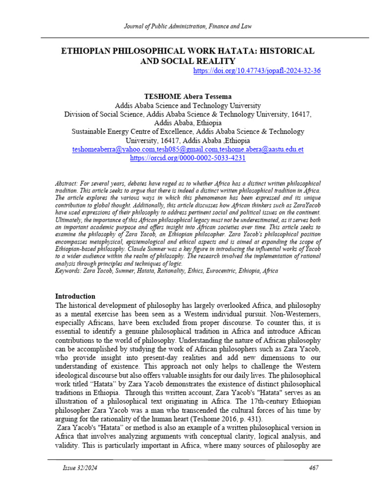 Teshome Ethiopian Philosophical Work Hatata Historical Social Reality ...