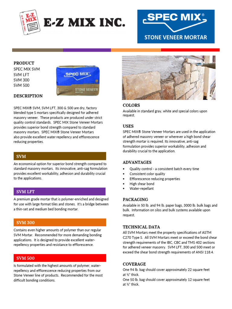 SPEC MIX Stone Veneer Mortar Data Sheet | PDF | Concrete | Mortar (Masonry)