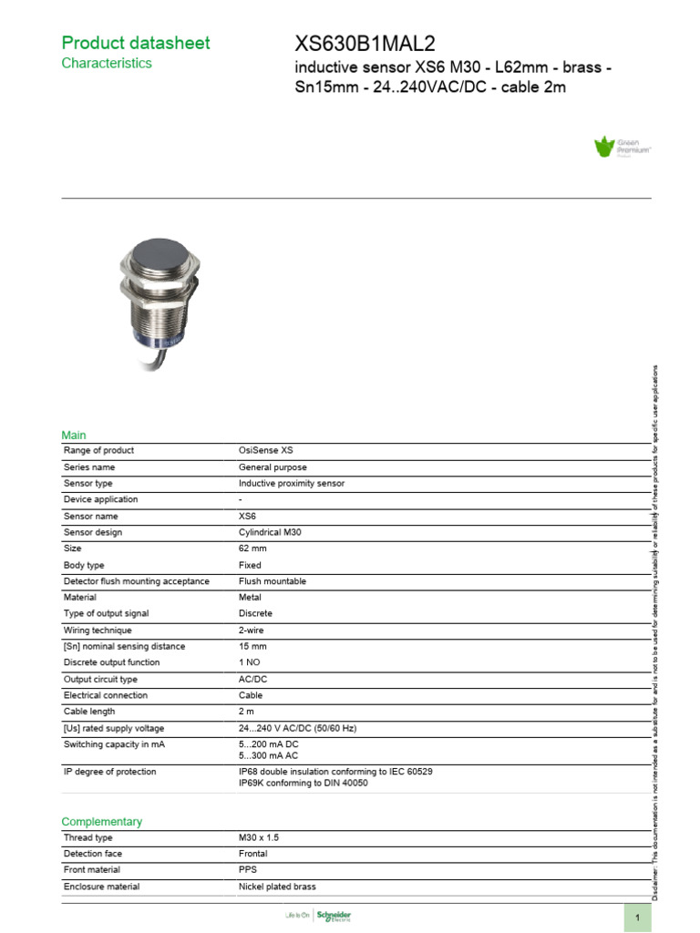 Inductive Proximity Sensor XS630B1MAL2 | PDF | Alternating Current ...