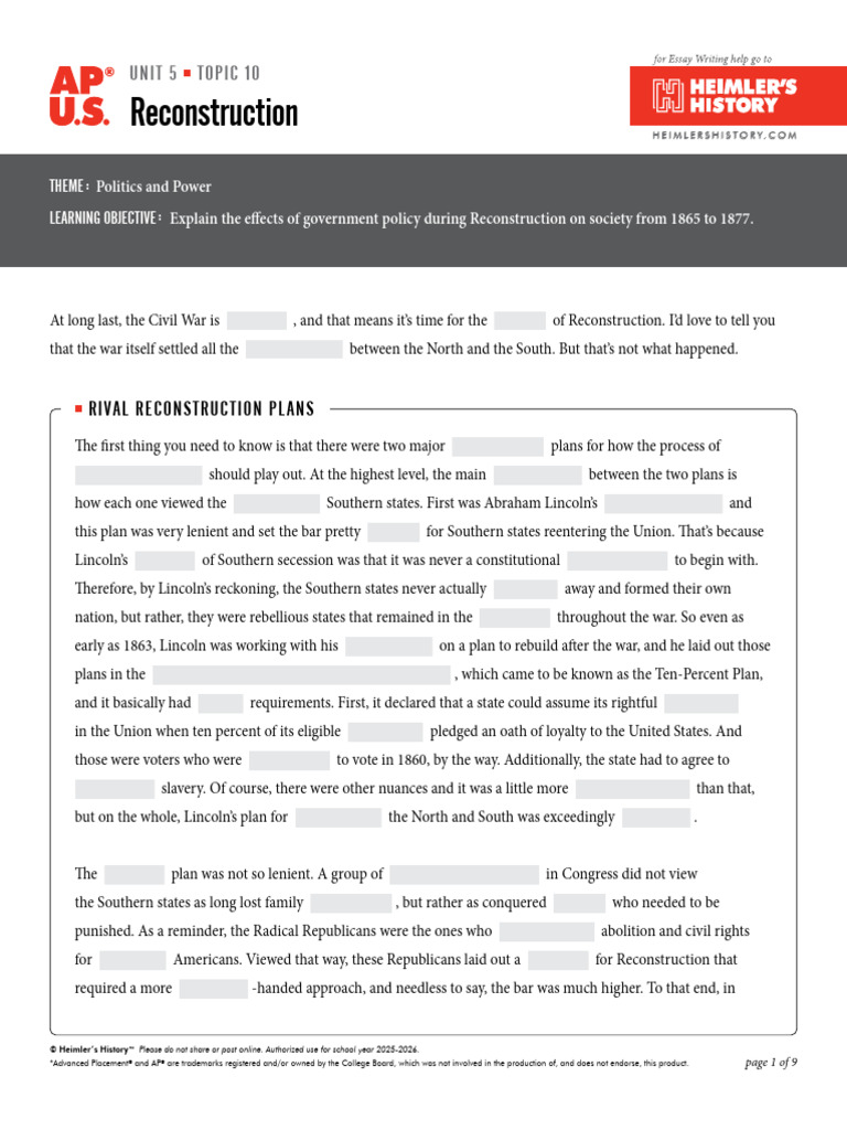 APUSH Unit 5 Topic 10 NoteGuide Answers | PDF | Reconstruction Era ...