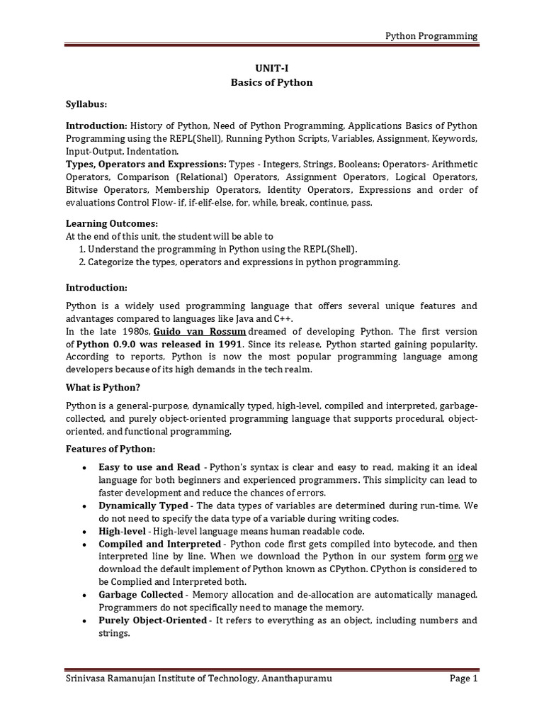 Unit-I Basics of Python | PDF | Python (Programming Language) | Boolean ...