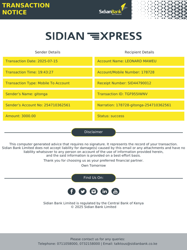 Sidian Bank Transaction Receipt 2025 | PDF