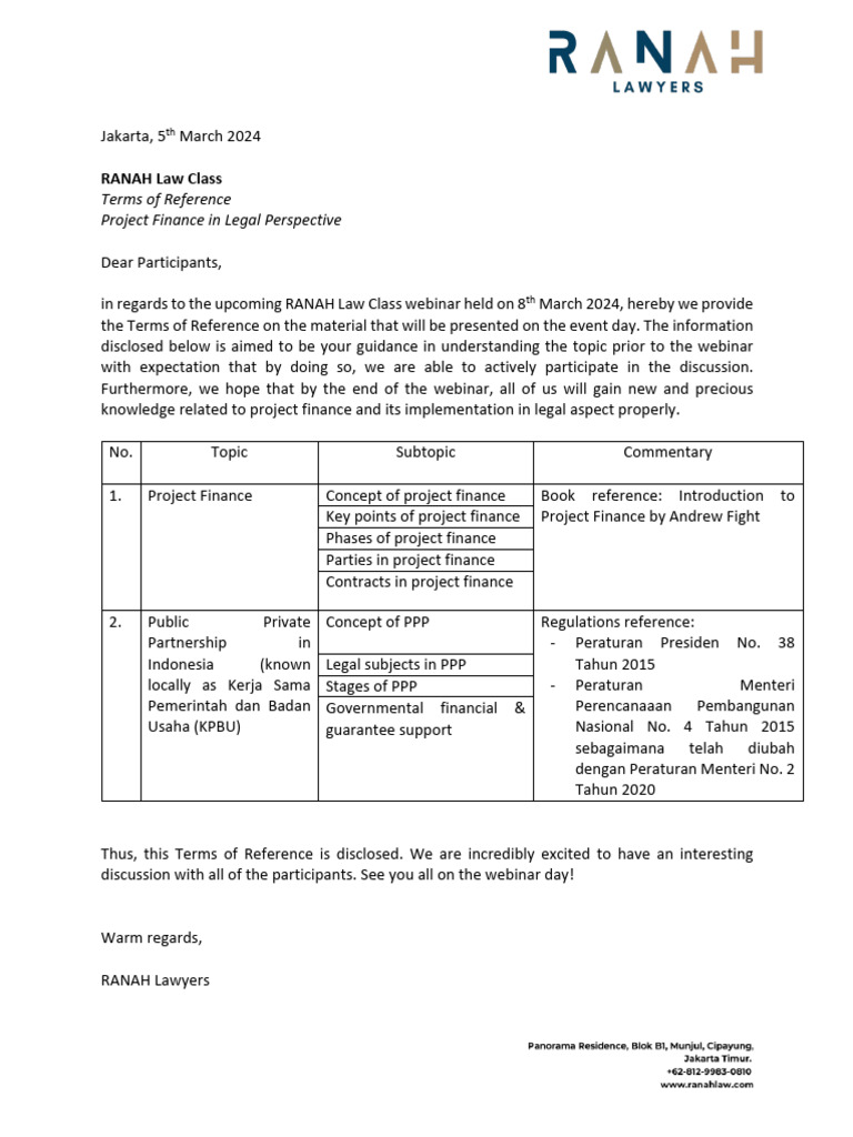 TOR Project Finance in Legal Perspective - Batch 1 | PDF