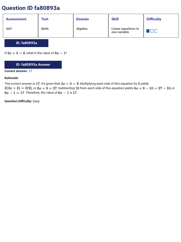 SAT Algebra Problem Solutions and Rationale | PDF | Equations | Algebra
