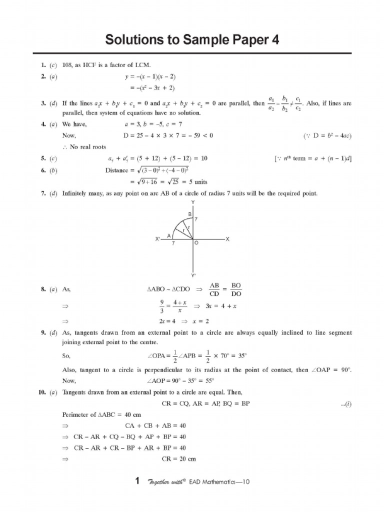 Cbse Cl10 Ead Mathematics 2026 Edition Ans to Sp 4 | PDF