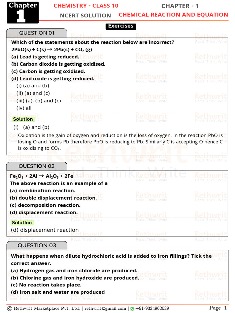 NCERT Solutions for Chapter 1 - Chemical Reactions and Equations ...