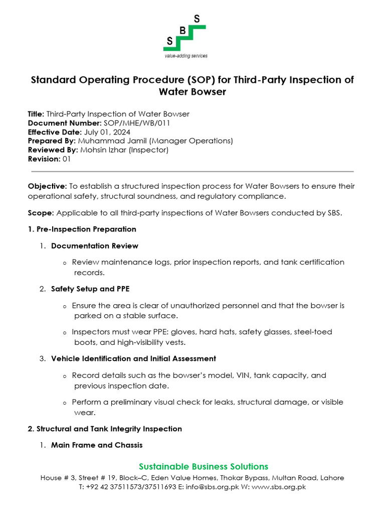 Water Bowser Inspection SOP Guide | PDF | Leak | Brake