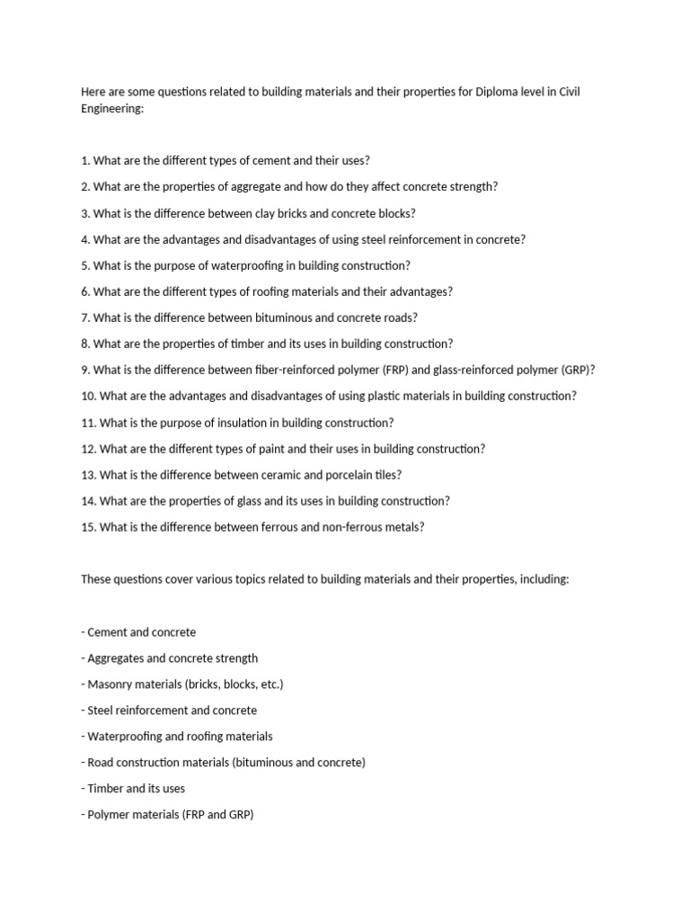Building Materials and Properties Questions | PDF