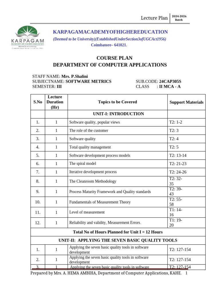 Lecture Plan | PDF | Software Quality | Software