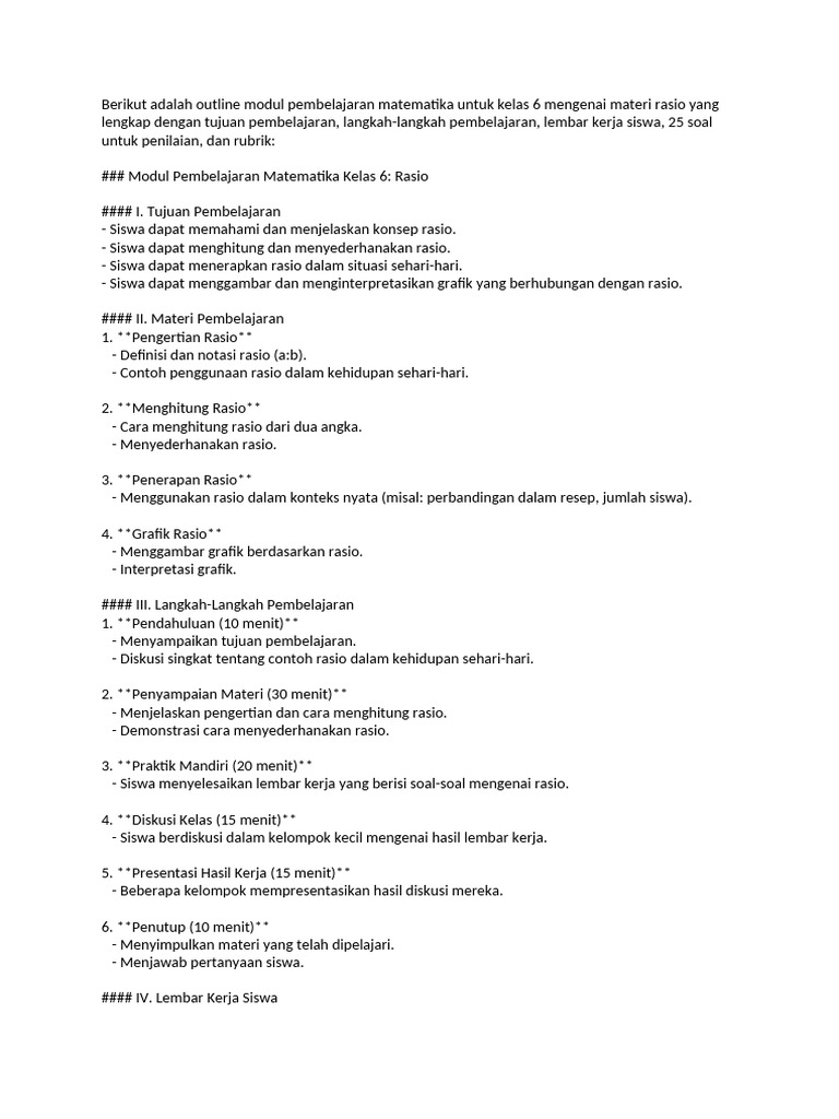 Berikut Adalah Outline Modul Pembelajaran Matematika Untuk Kelas 6 Mengenai Materi Rasio Yang ...