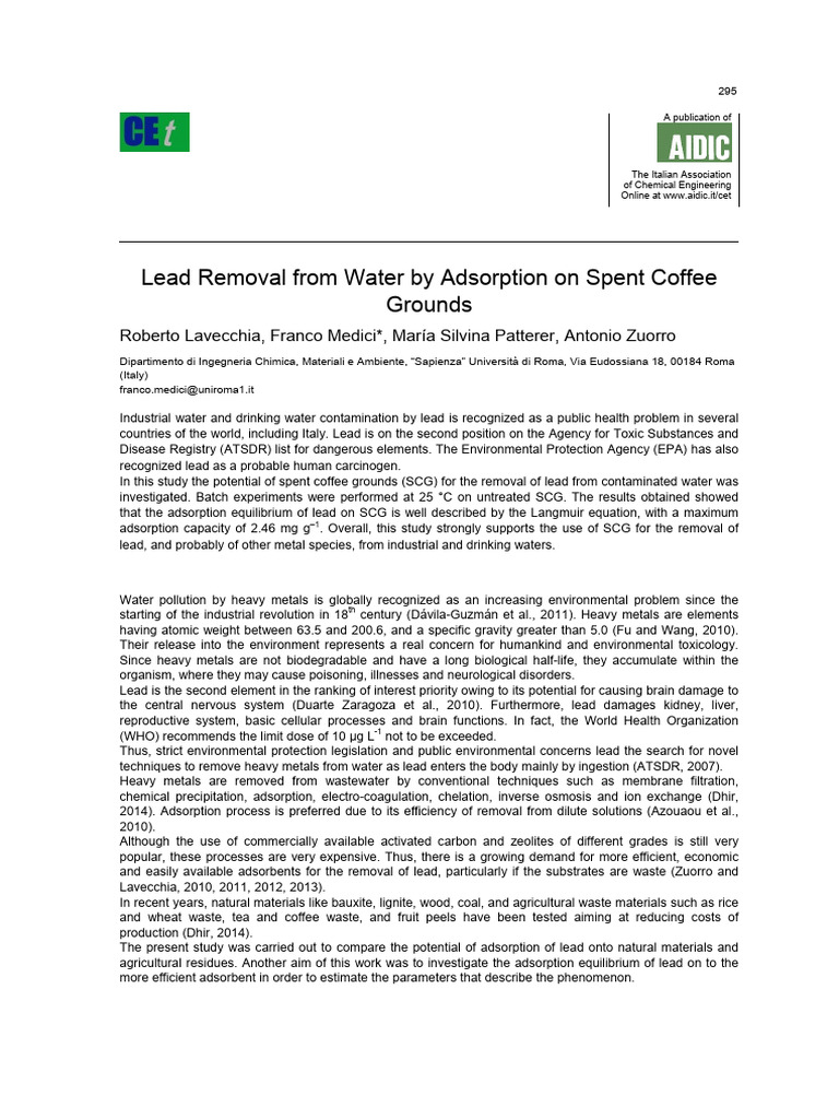 Lead Removal from Water by Adsorption on Spent Coffee Grounds | PDF ...