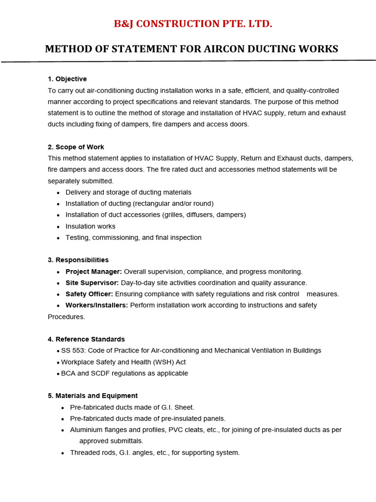 Air Conditioning Ducting Method Statement | PDF | Duct (Flow ...