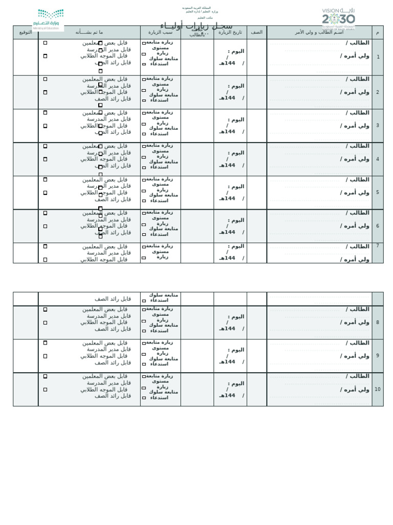 سجل زيارات أولياء الأمور جاهز للطباعة | PDF