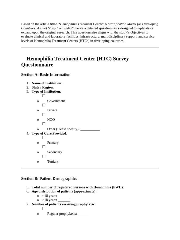Hemophilia Treatment Center Questionare | PDF