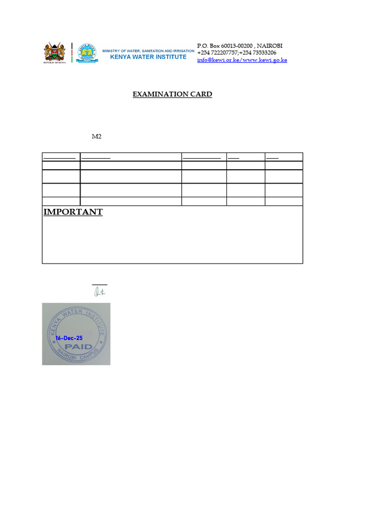 Plumbing Examination Card for Maina Francis | PDF
