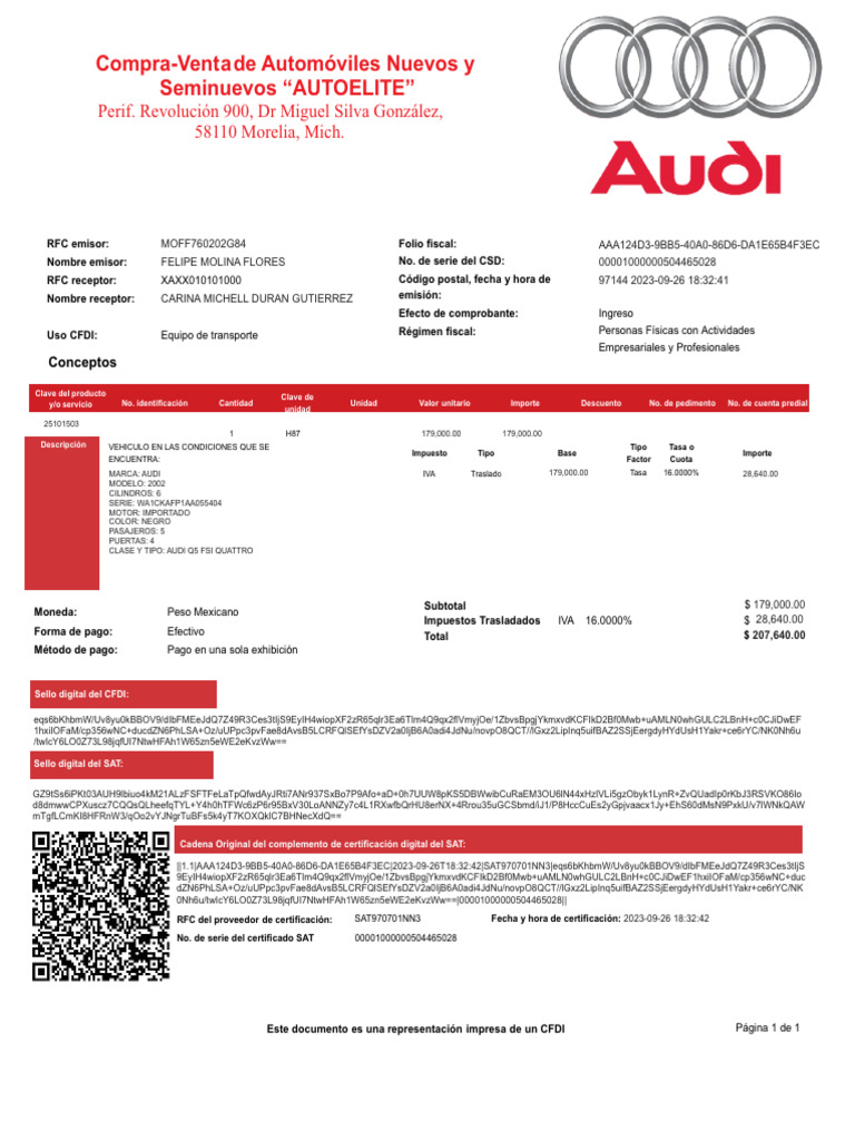 CFDI Compra-Venta Audi Q5 2023 | PDF