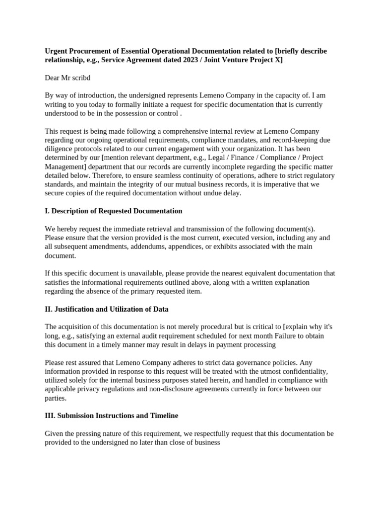 Urgent Procurement of Essential Operational Documentation Related To ...