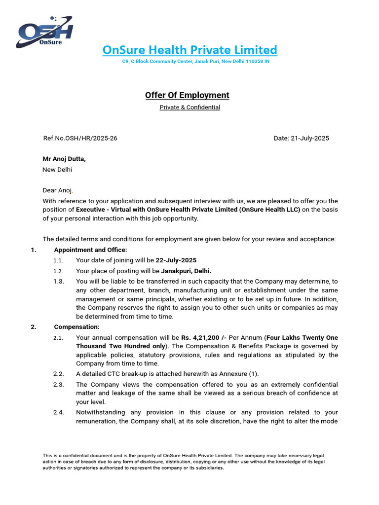 OnSure Health Employment Offer Letter | PDF | Legal Remedy | Breach Of ...