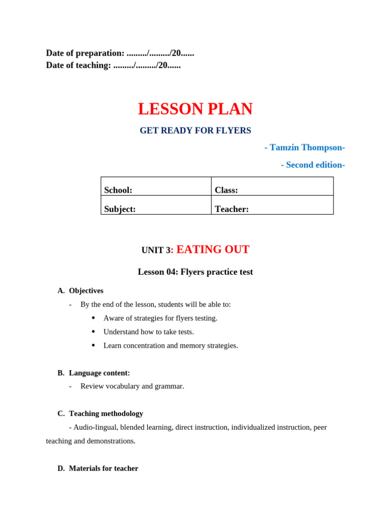 Unit 3 Eating Out Lesson 04 | PDF | Lesson Plan | Learning