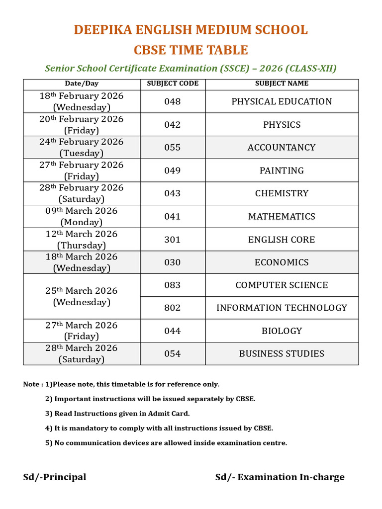 CBSE Class XII Exam Timetable 2026 | PDF