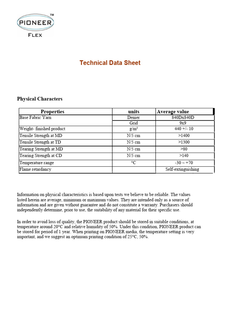 Technical Data Sheet: Physical Characters Properties Units Average ...