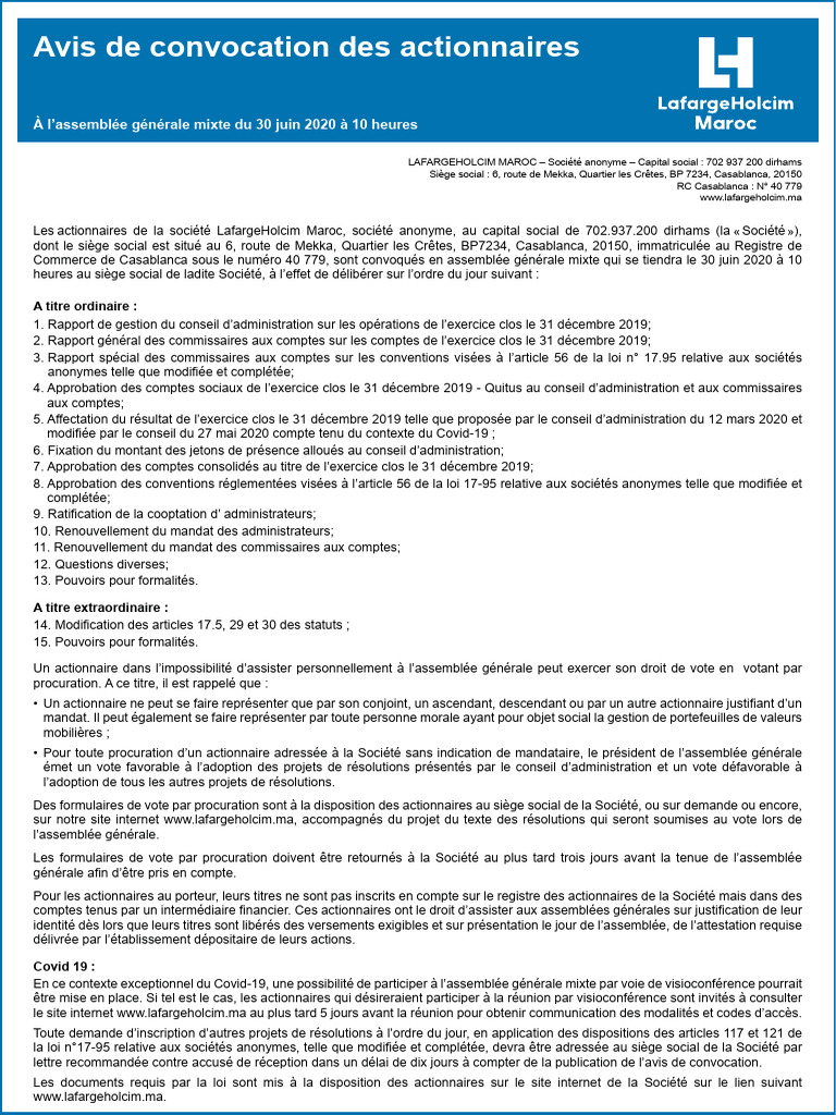 Convocation Assemblée Générale LafargeHolcim | PDF | Actionnaire ...