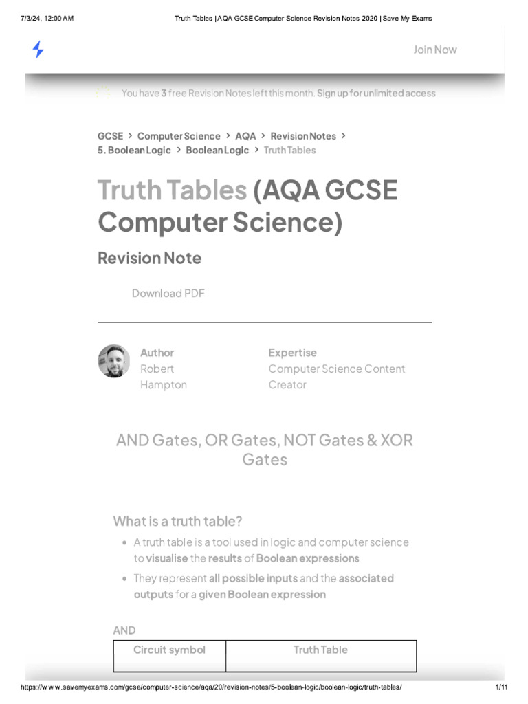 Truth Tables (AQA GCSE Computer Science) | PDF