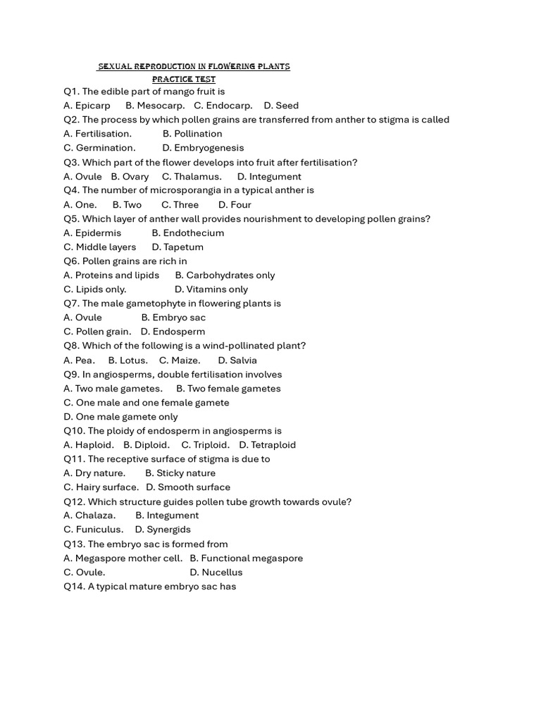Practice Test Sexual Reproduction | PDF | Seed | Flowers