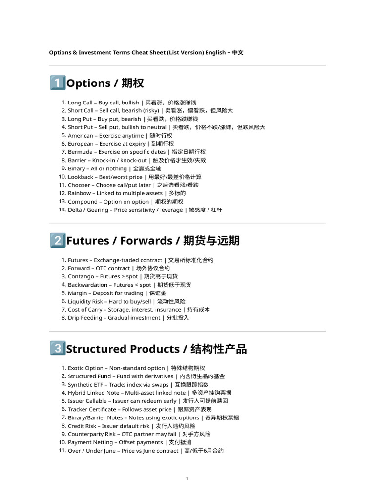 Options & Investment Terms Cheat Sheet | PDF | Option (Finance ...