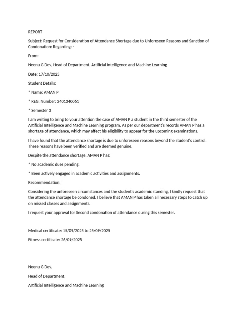 Attendance Condonation Request for AMAN P | PDF