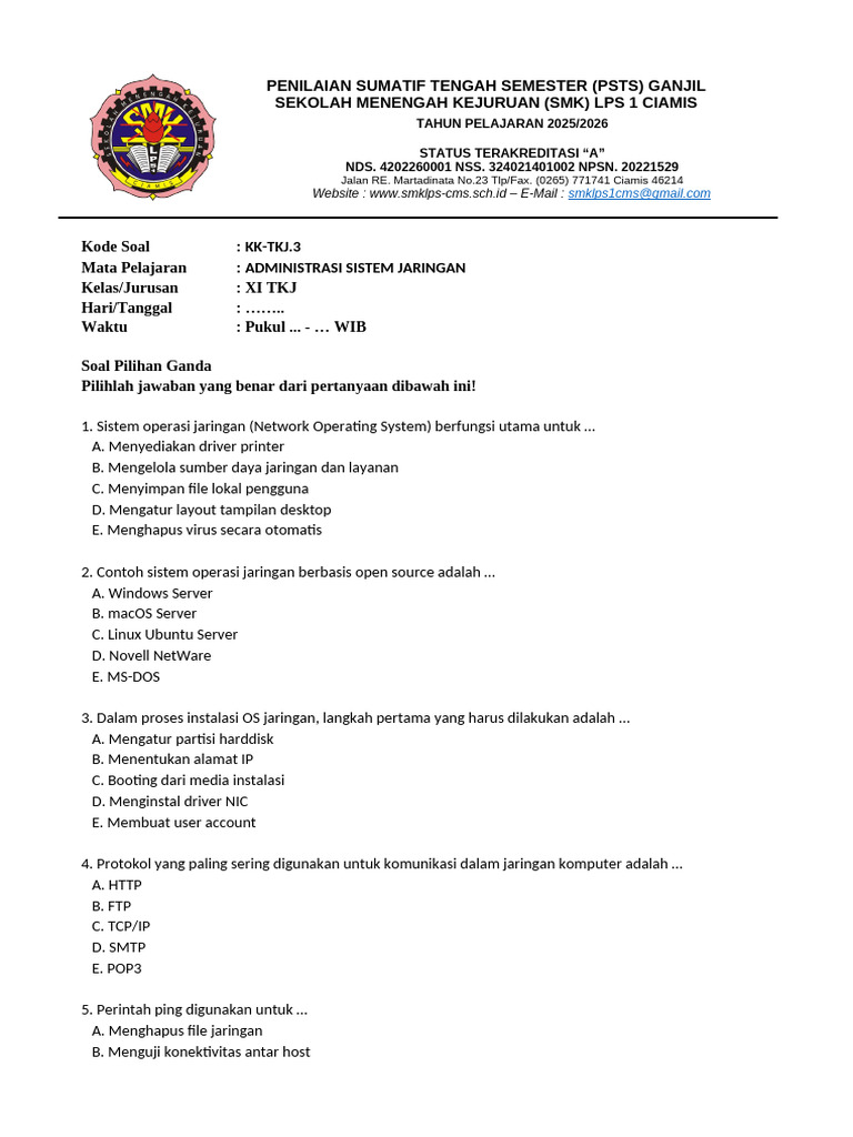 Soal PSTS Administrasi Jaringan SMK 2025 | PDF